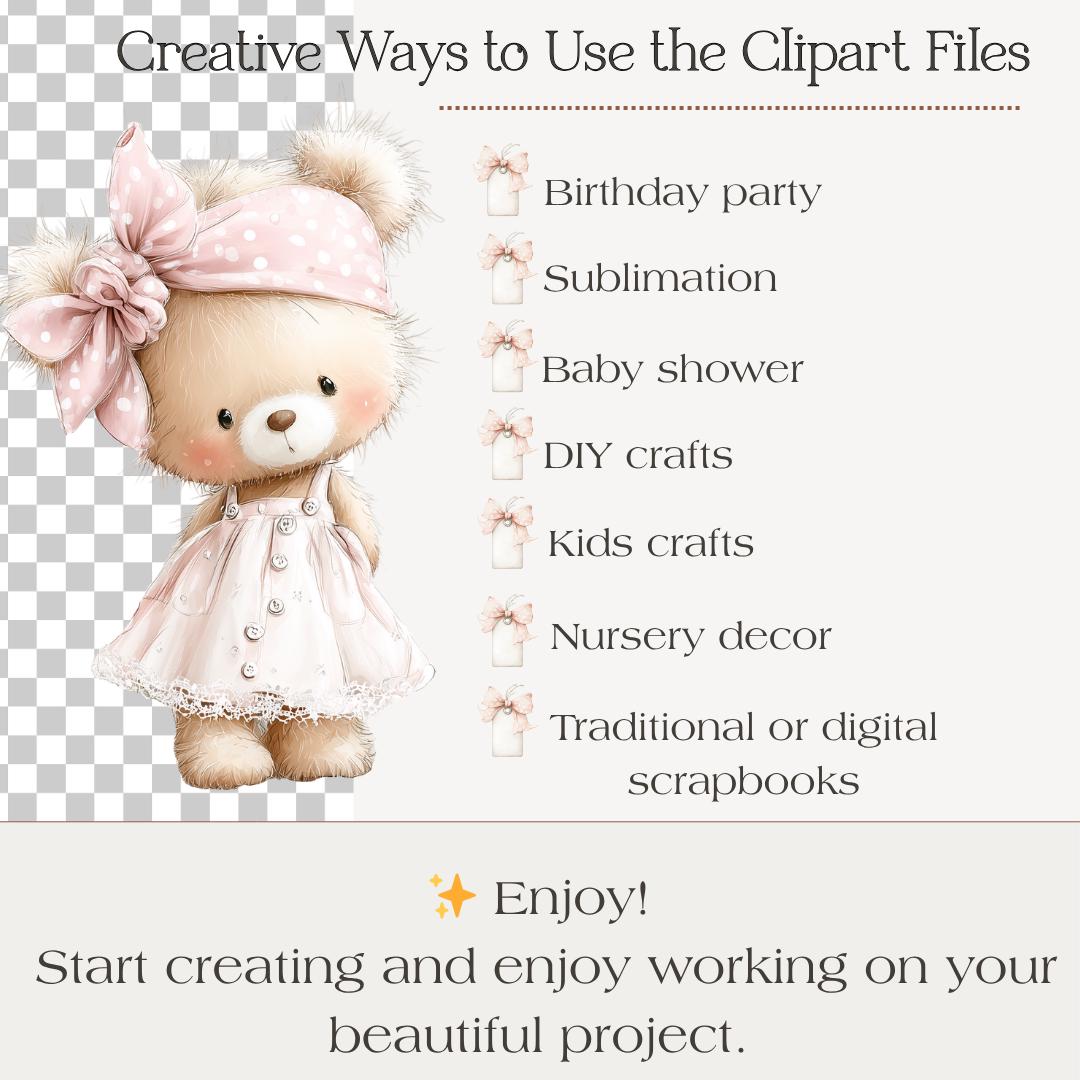 Pink Baby Bear Nursery Clipart, Teddy Bear PNG Bundle, Baby Girl ...