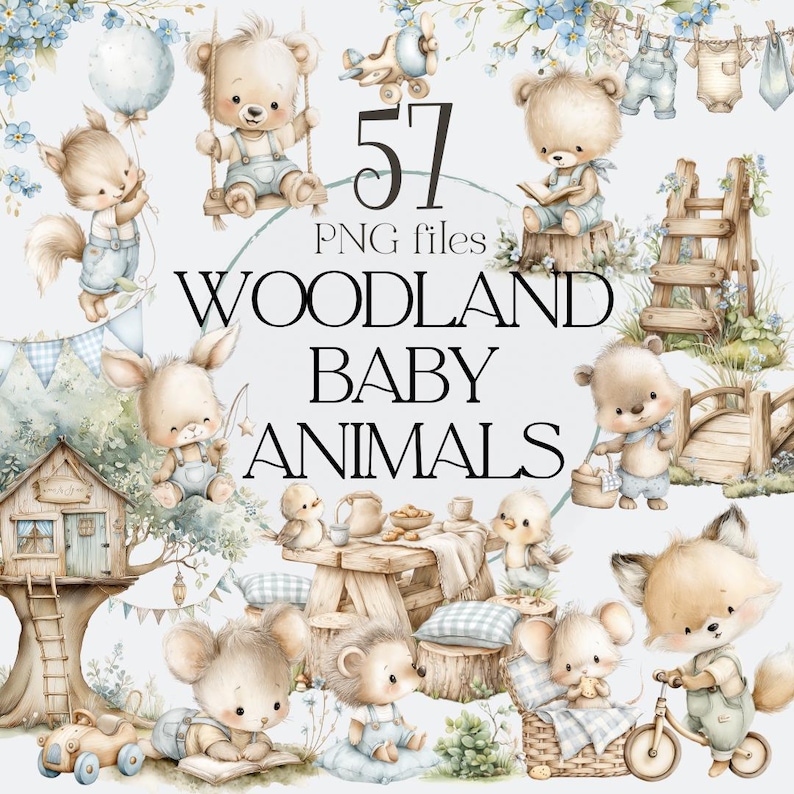 Woodland Baby Animals Clipart, Watercolor Forest Animal Bundle, Neutral ...