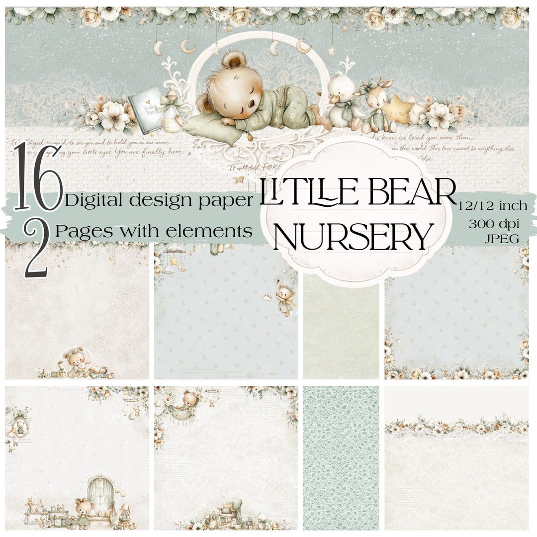Sage Green Baby Bear Digital Papers, Nursery Teddy Bear Backgrounds ...