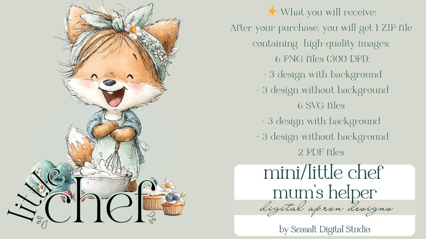 Png File Mini Chef, Little Chef, Mum's Helper- Animal Watercolor Apron ...