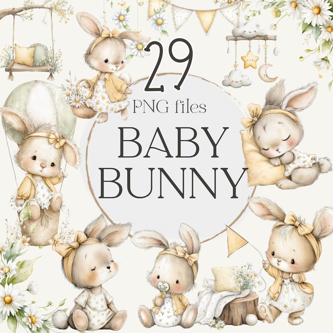Bunny Clipart, Rabbit Clipart PNG, Bunny Nursery Art, Spring Baby ...