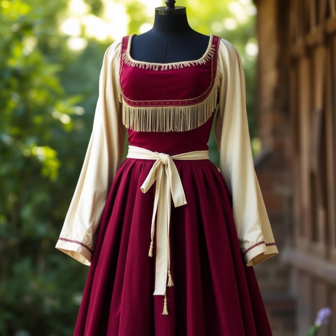 Medieval Dress Digital Sewing Pattern Fringed Square Neckline, Cream ...