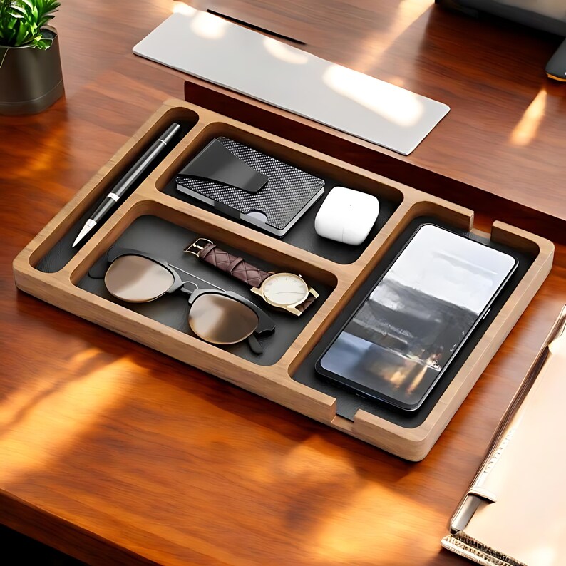 Wooden Desk Organizer – Solid Wood Storage Tray, Docking Station ...