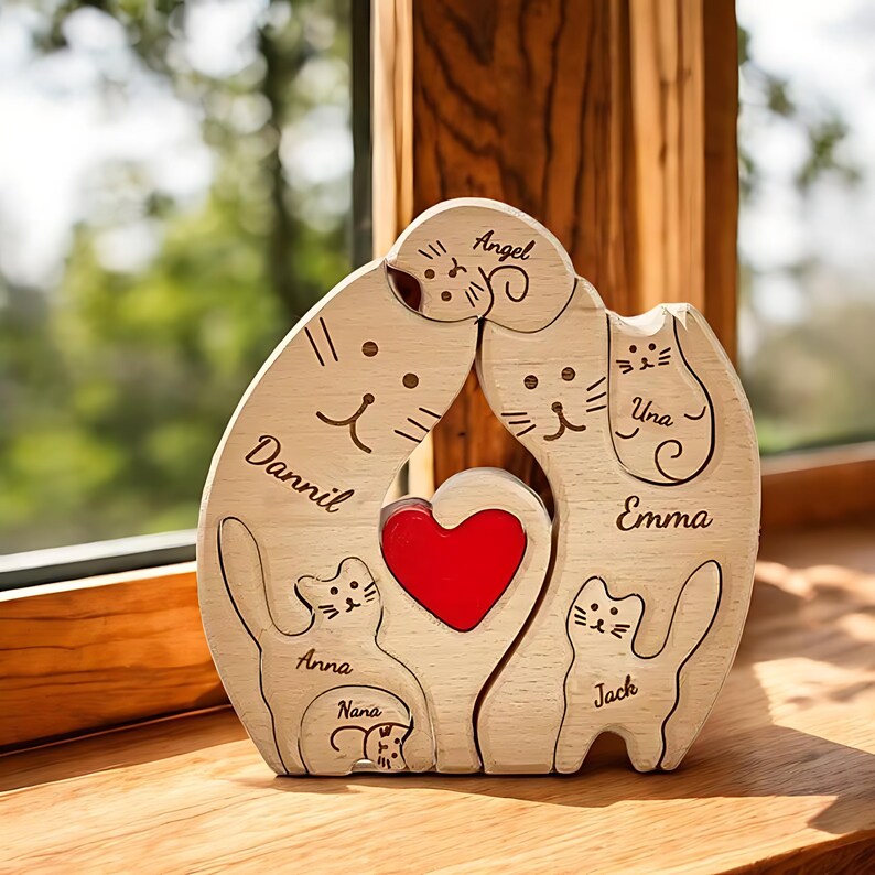 Personalized Wooden Cat Family Puzzle, Baby Puzzle, Family Name, Gift ...