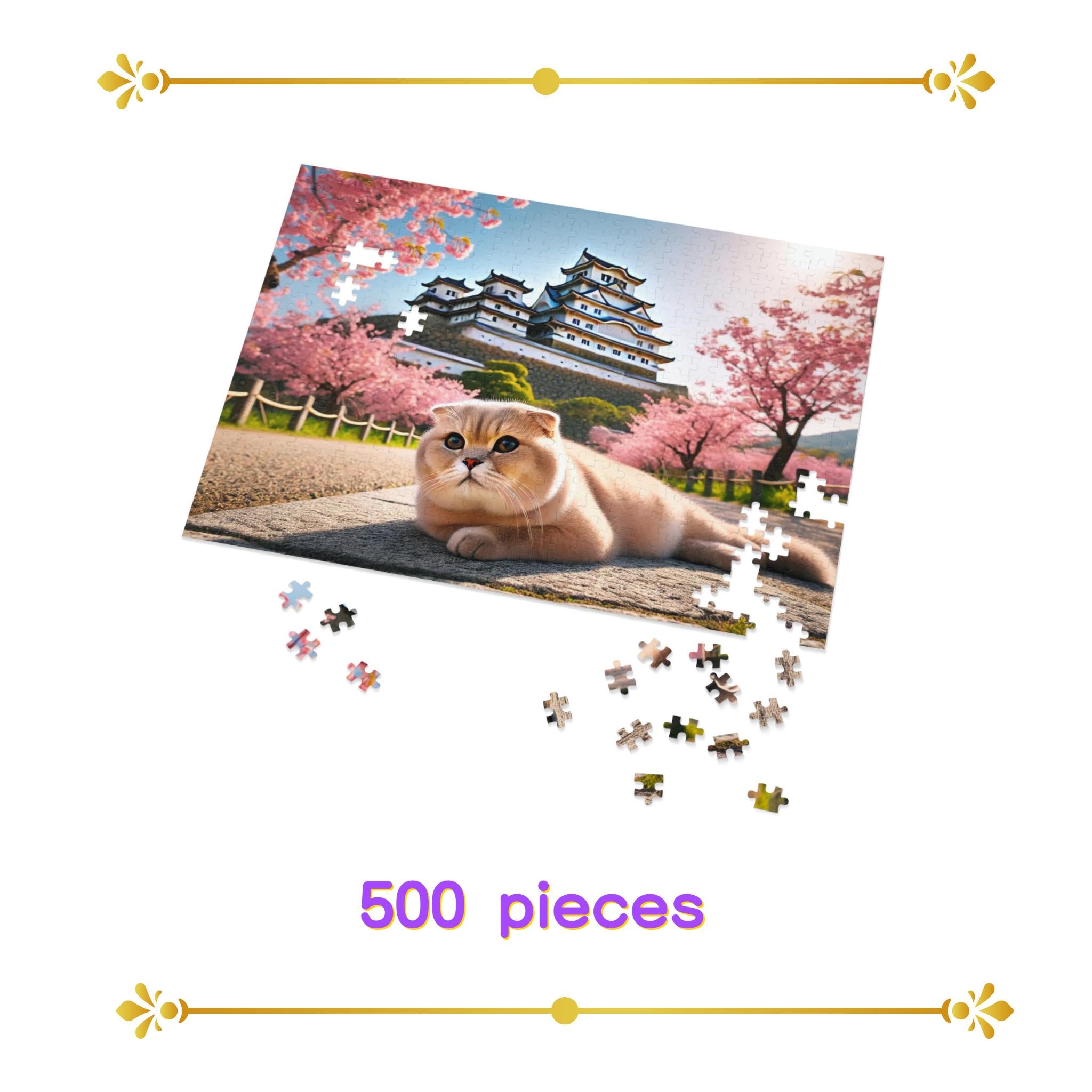 Cute Cat Jigsaw Puzzle 500 or 1000 Pieces, Japanese Castle & Cherry ...