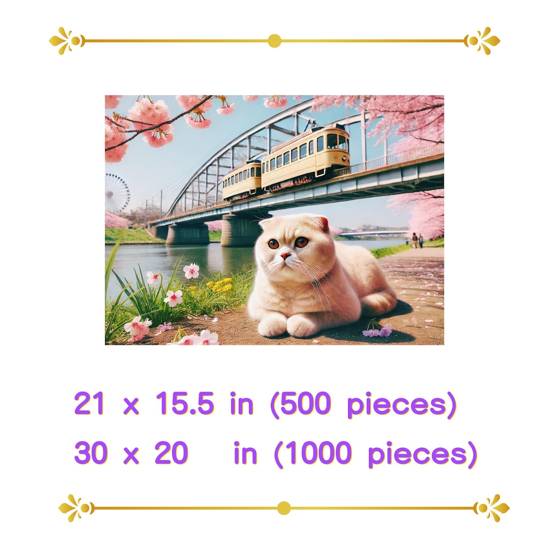 Cherry Blossom Cat & Vintage Tram Puzzle, Spring Aesthetic Jigsaw, Cozy ...