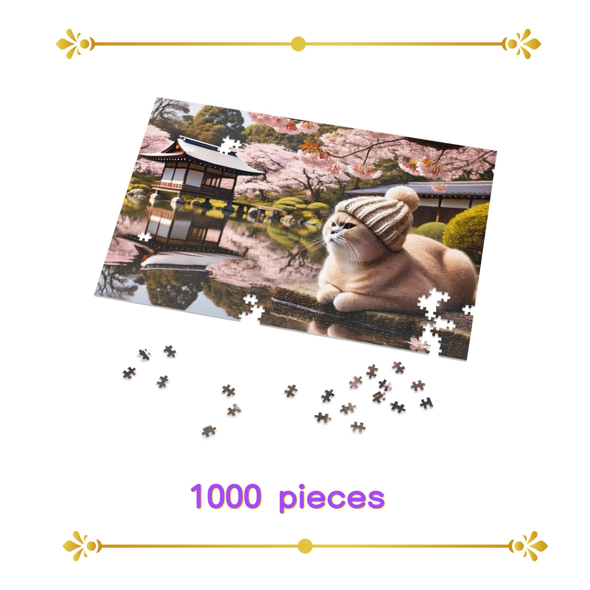 Japanese Garden Jigsaw Puzzle, Cherry Blossoms & Scottish Fold Cat ...