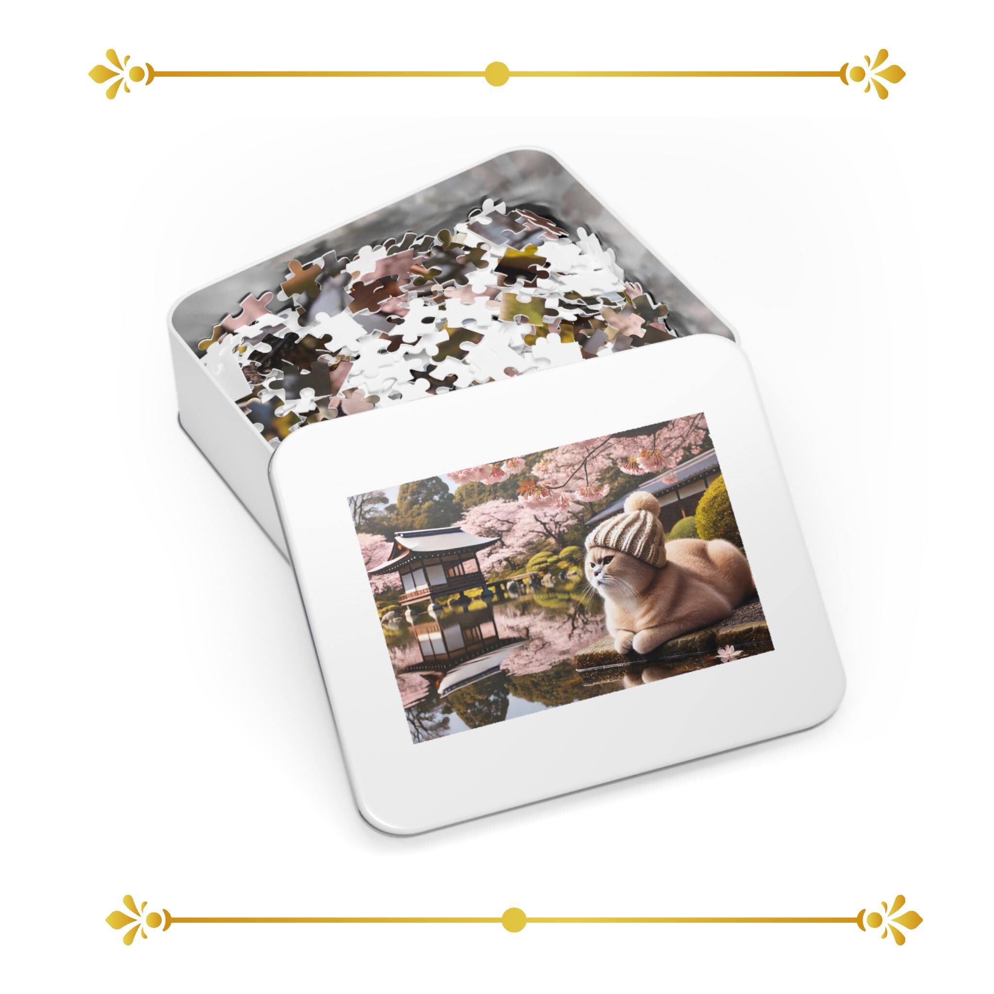 Japanese Garden Jigsaw Puzzle, Cherry Blossoms & Scottish Fold Cat ...