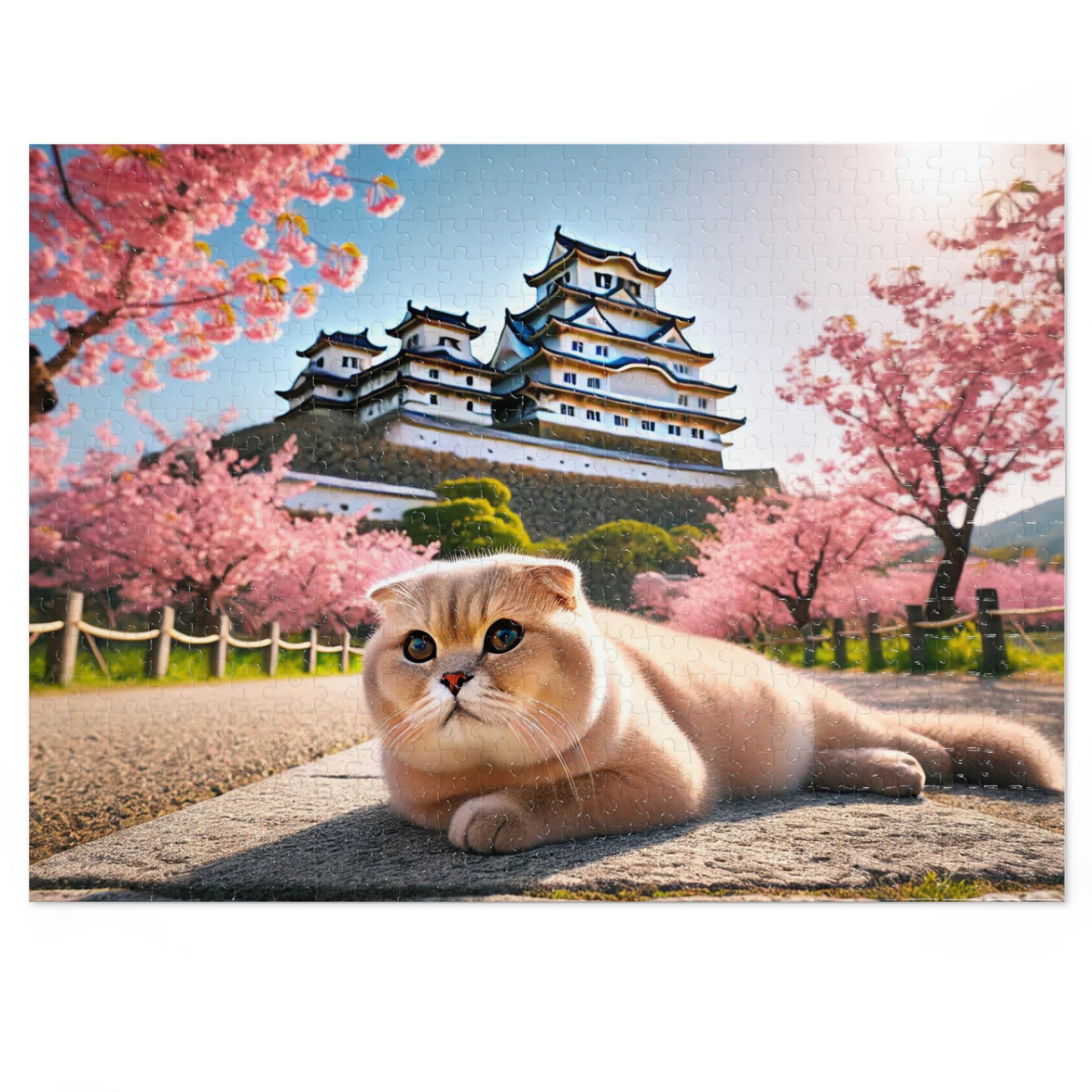 Cute Cat Jigsaw Puzzle 500 or 1000 Pieces, Japanese Castle & Cherry Blossom Puzzle, Cute ...