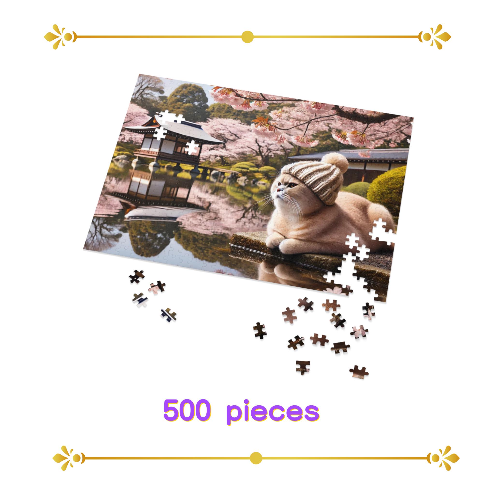Japanese Garden Jigsaw Puzzle, Cherry Blossoms & Scottish Fold Cat ...