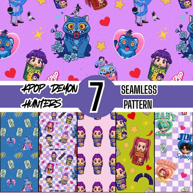 10 Kpop Demon Hunters Digital Paper: Huntrix Inspired Seamless Pattern, Fabric, Wallpaper Movie ...
