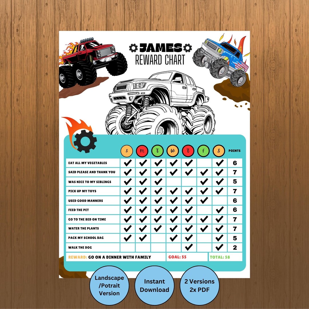 Printable Monster Truck Behavior Chart for Kids Activity Tracker Reward ...
