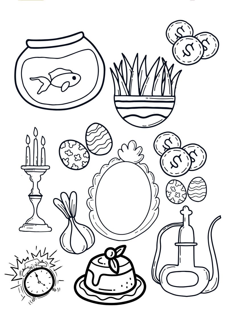 Nowruz Mubarak Haft-seen Coloring Page: Persian New Year Activity ...