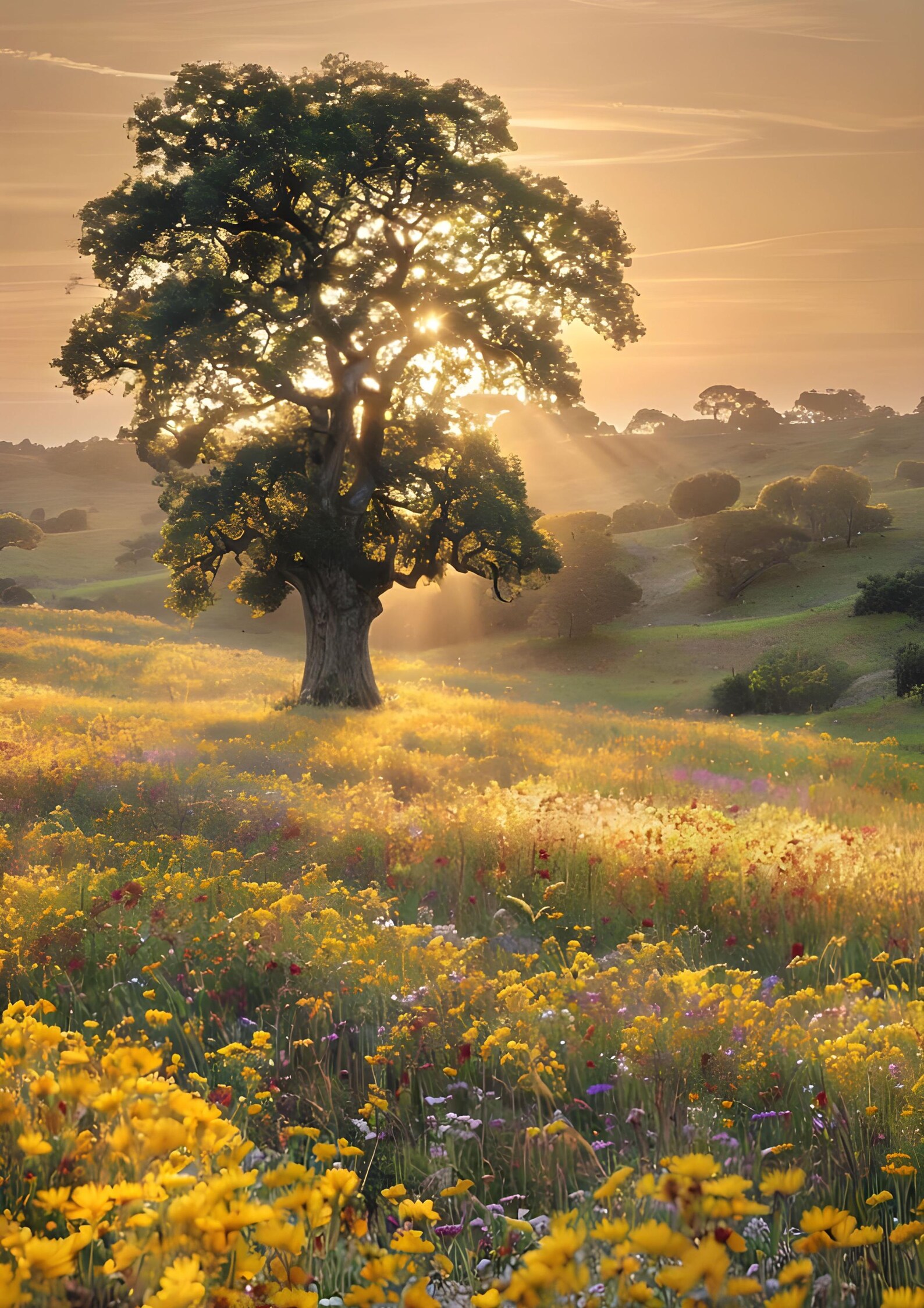 Sunset Oak Tree & Wildflower Meadow – Digital Nature Wall Art ...