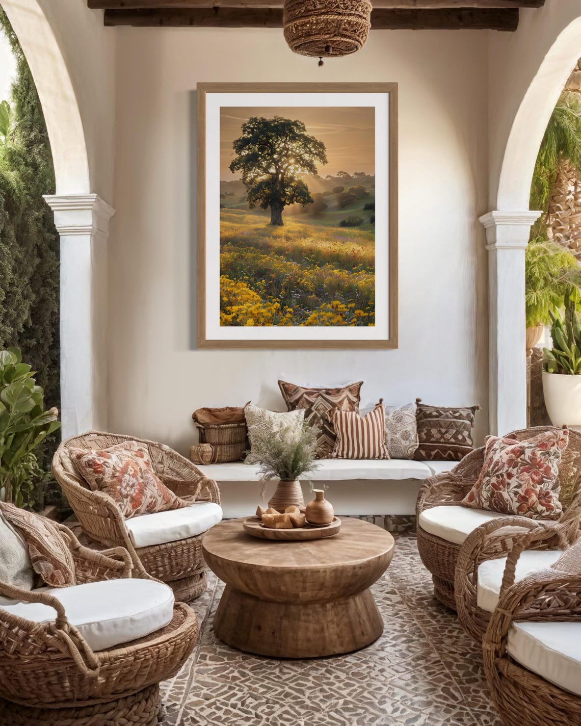 Sunset Oak Tree & Wildflower Meadow – Digital Nature Wall Art ...