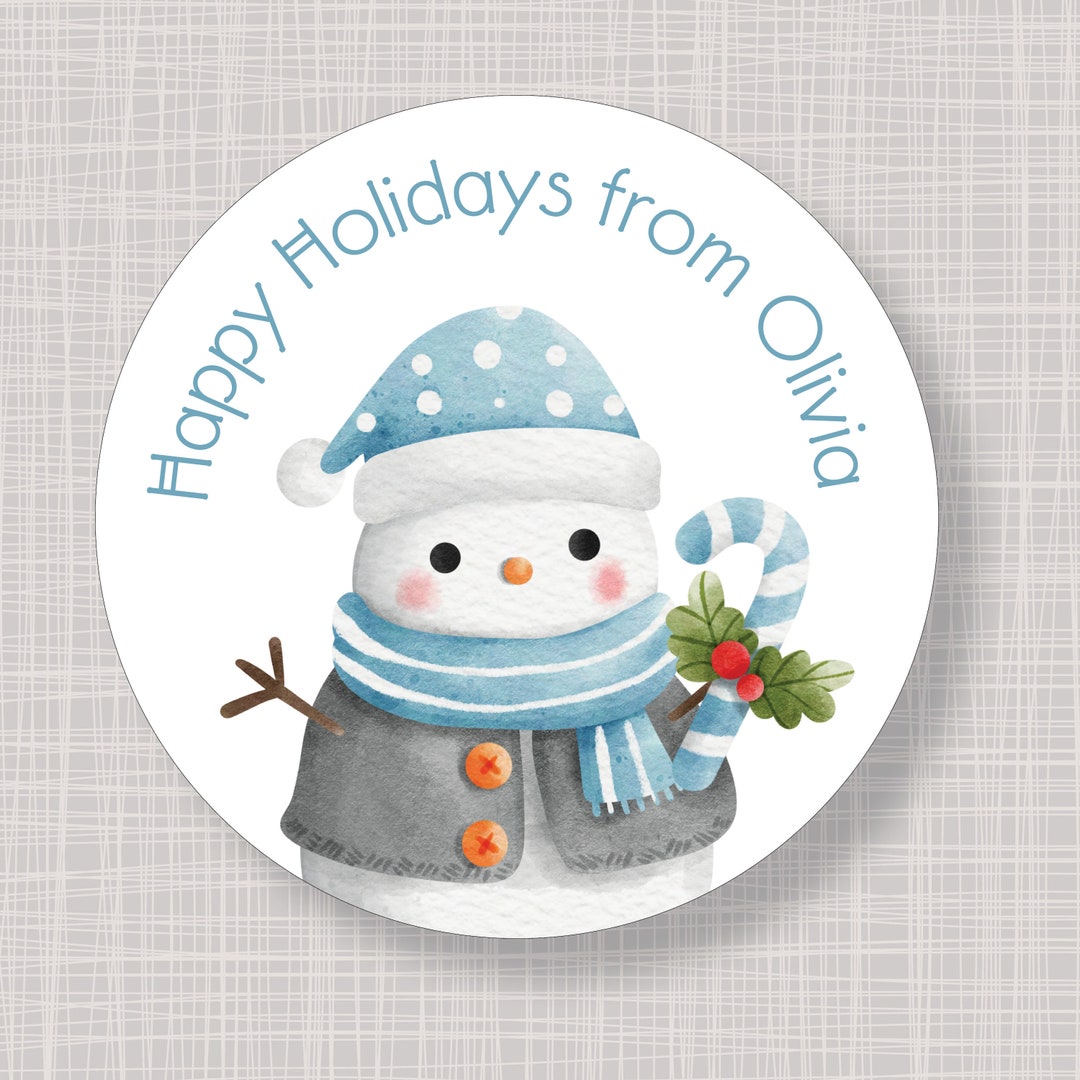 Round Custom Christmas Winter Blue Snowman Stickers Labels - Etsy