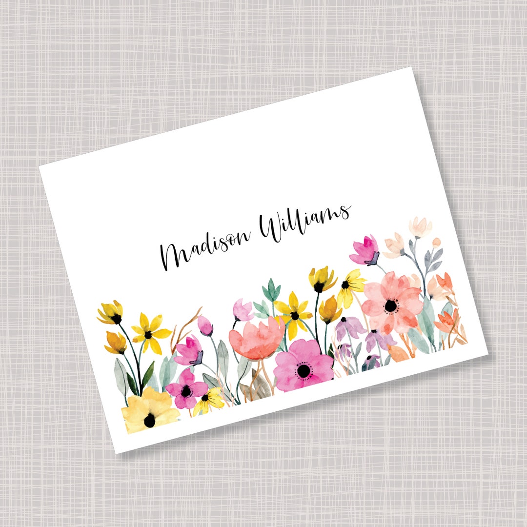 Custom Printed Pretty Flower Border Note Cards & Envelopes - Etsy