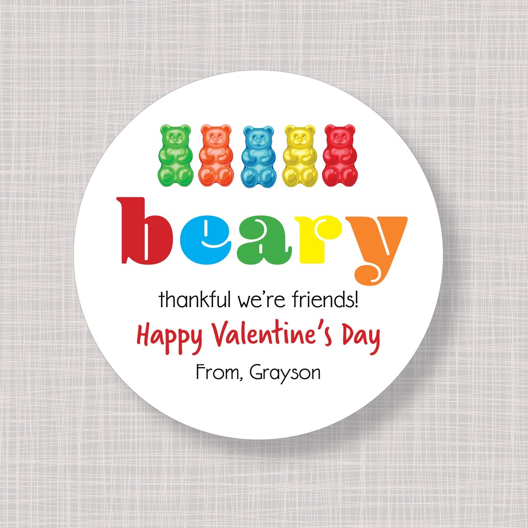 Round Custom Kids Children's Gummy Bear Treat Valentine's Day Stickers ...