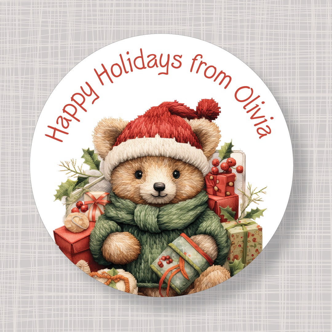 Round Custom Christmas Teddy Bear Stickers Labels - Etsy