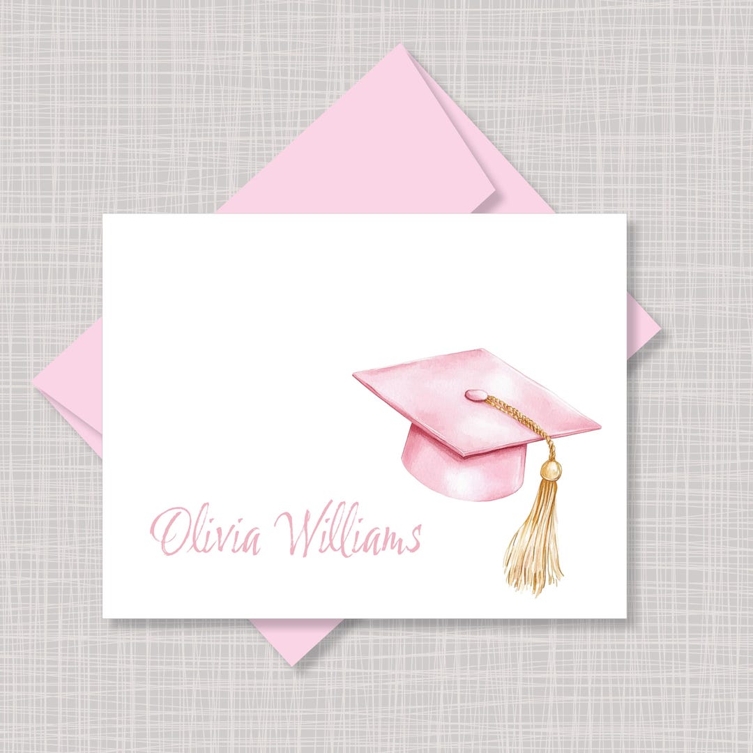 Custom Printed Pink Graduation Cap Thank You Note Cards & Envelopes - Etsy