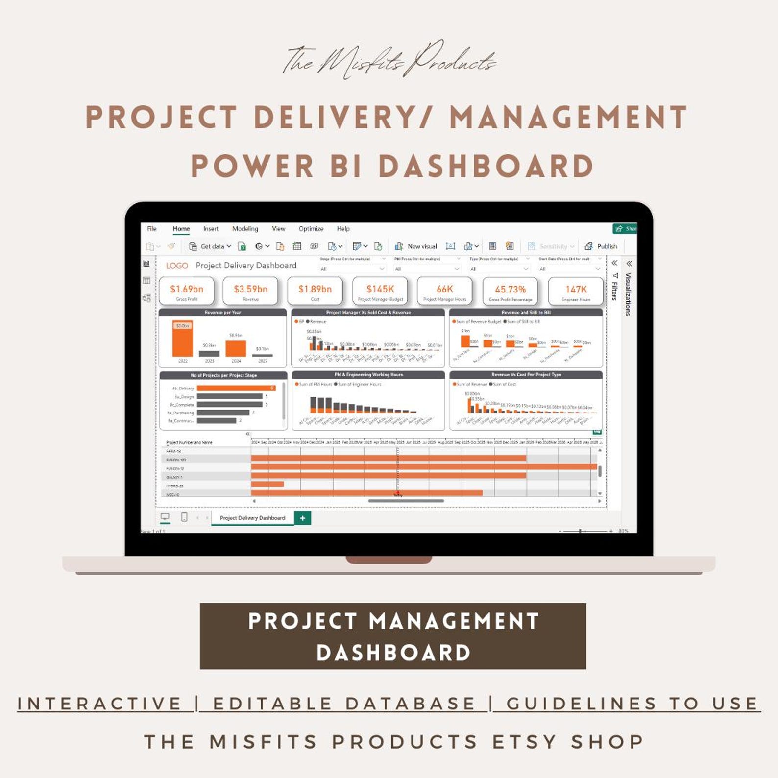 Power BI Project Tracker: Gantt Chart, Expense & Revenue Dashboard - Etsy