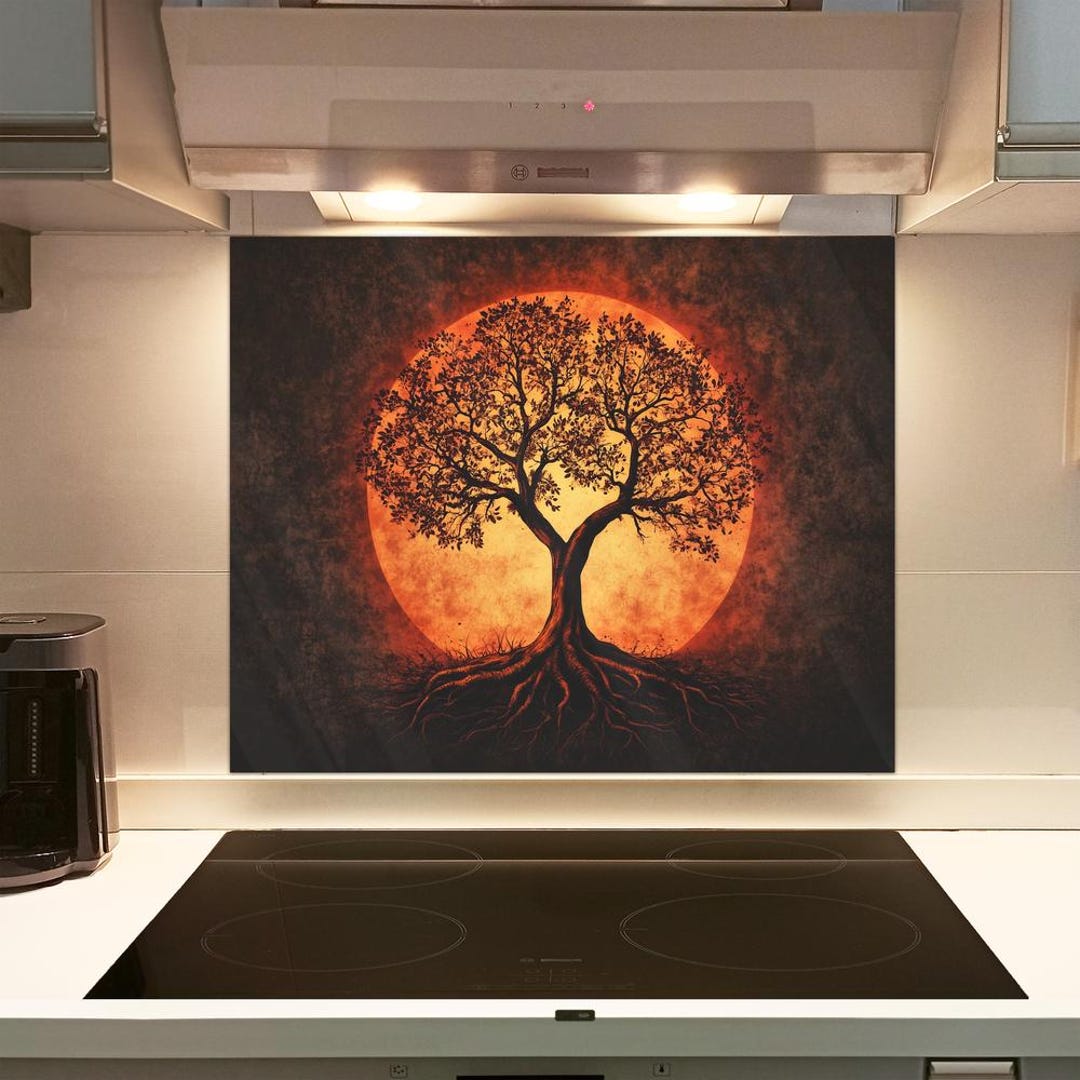 Rustic Tree of Life Tempered Glass Backsplash-sink Backsplash-oven ...