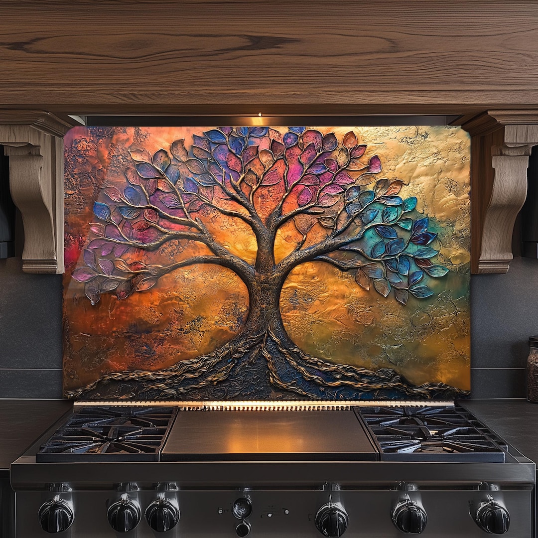 Tempered Glass Backsplash, Tree of Life Back Splash Panel, Stove ...