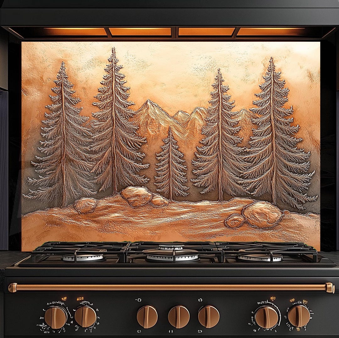 Copper Look Pine Trees, Tempered Glass Backsplash - Landscape ...