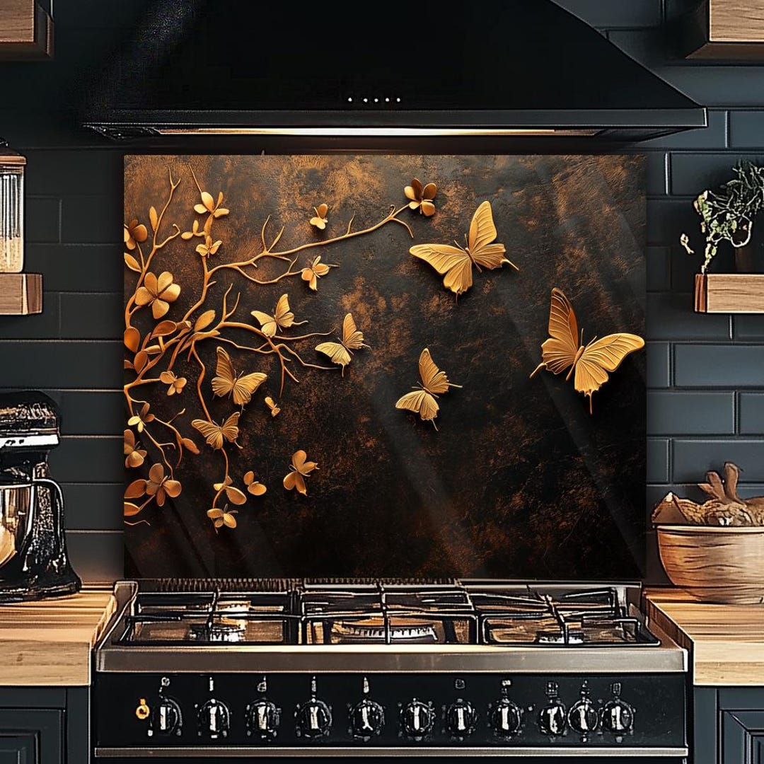 Golden Butterfly Leaves Backsplash, Copper Tree Branches - Tempered ...