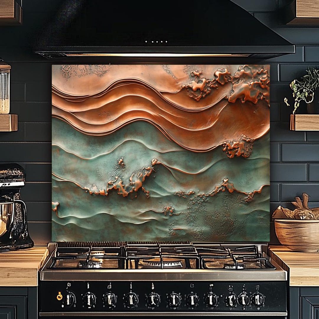 Abstract Copper & Teal Glass Backsplash, Wavy Look Stove Back Cover ...
