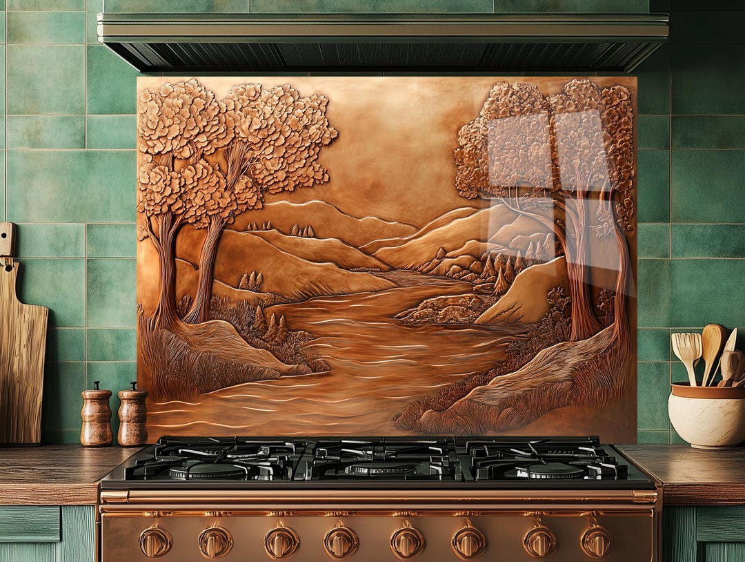 Copper Look River Backsplash, Landscape Backsplash, Tempered Glass ...