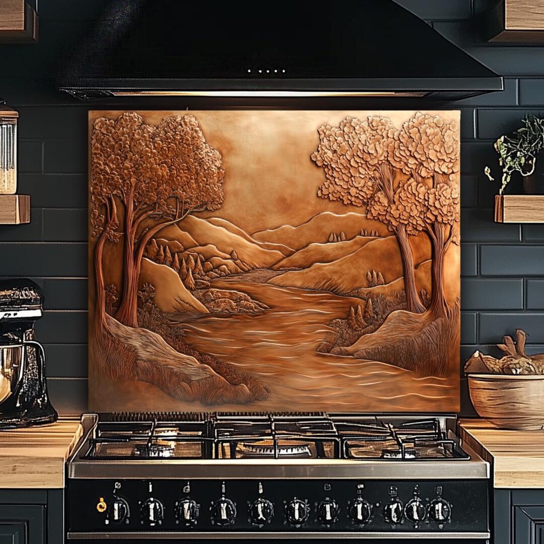 Tempered Glass Backsplash, Copper Look Backsplash, Landscape Backsplash ...
