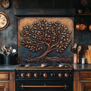 Copper Look Life Tree Tempered Glass Backsplash, Stovetop Backsplash ...