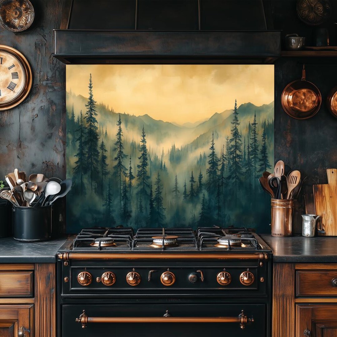 Landscape Stove Backsplash, Pine Trees Tempered Glass Kitchen ...