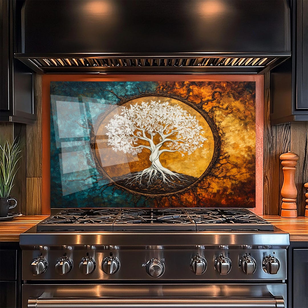 Tempered Glass Backsplash, Unique Tree of Life Back Splash, Kitchen ...