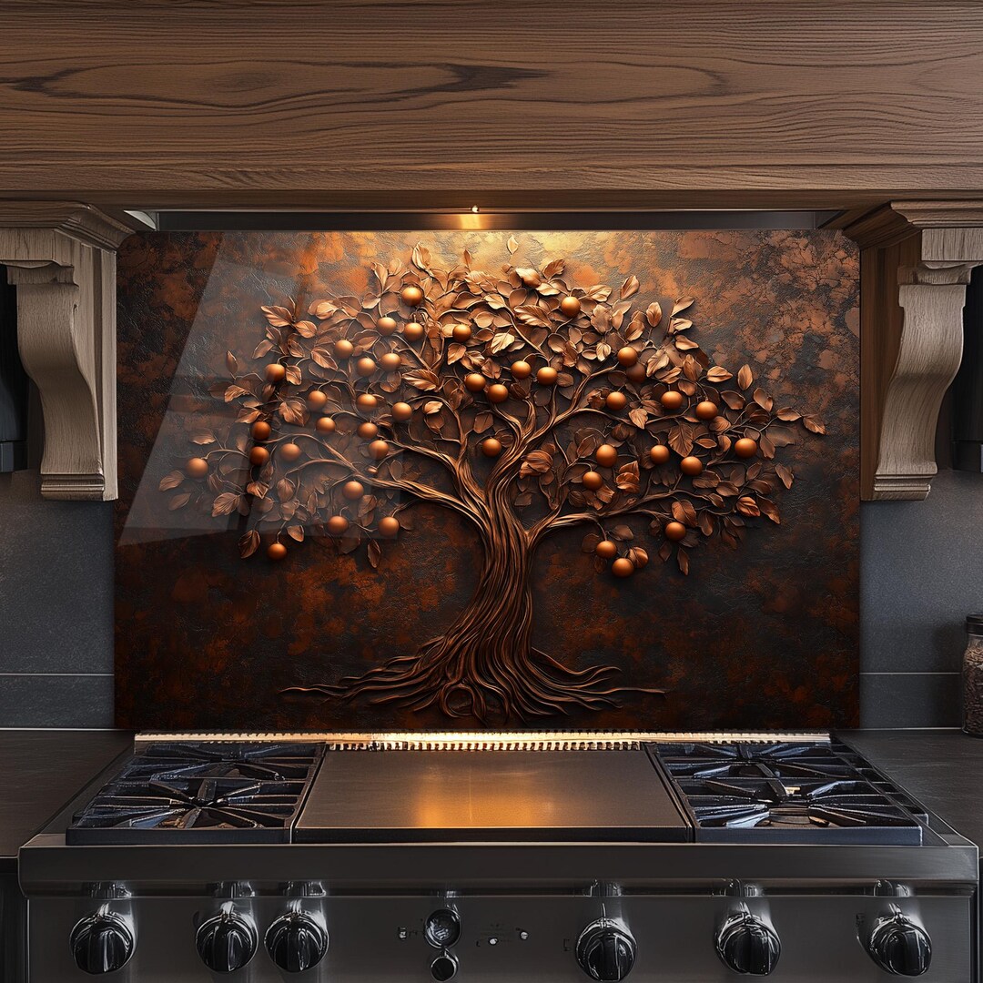 Copper Look Tree of Life Glass Backsplash, Tempered Glass Backsplash ...