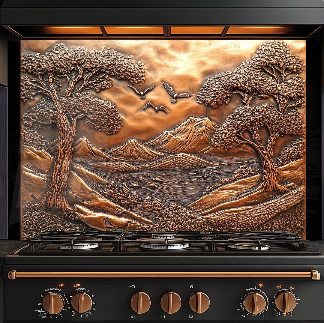 Tempered Glass Backsplash- Copper Look Birds, Sea, Trees, Glass ...