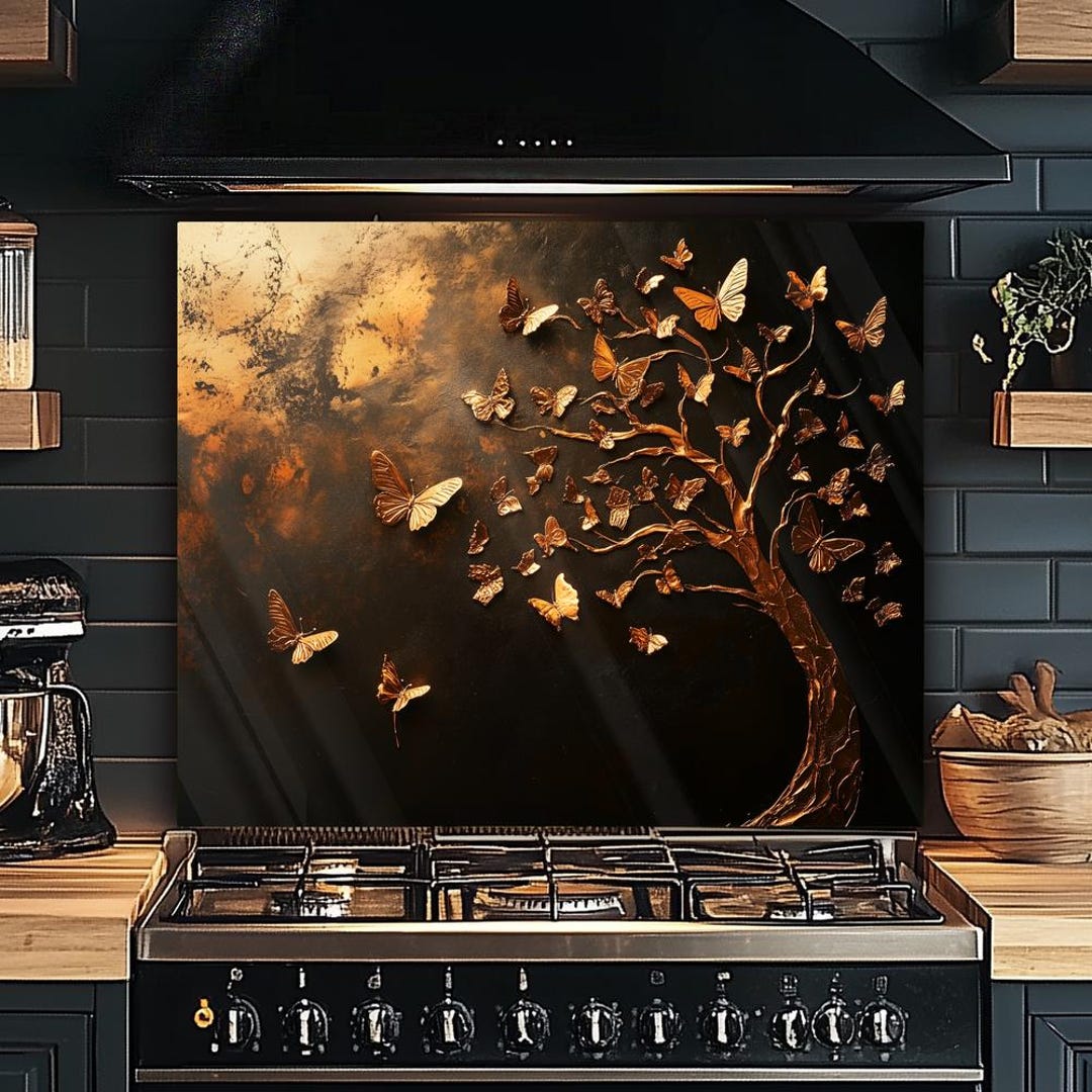 Butterfly Tree Backsplash, Golden Butterflies With Copper Tree Leaves ...