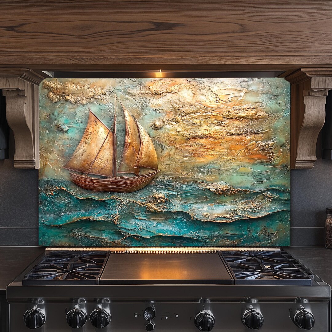3D Look Sailing Ship Tempered Glass Backsplash, Ocean Waves and ...