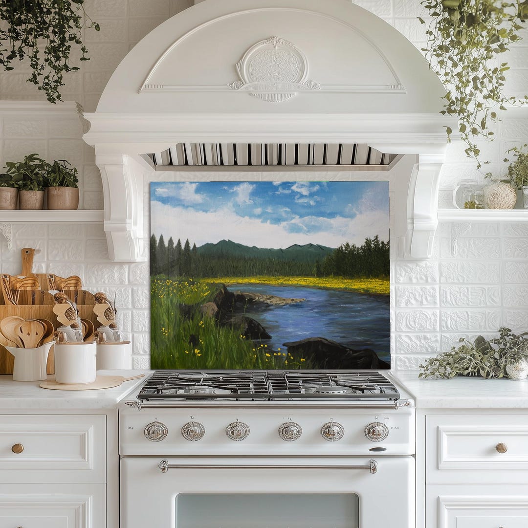 Glass Backsplash, Oil Painting Style Landscape Stove Backsplash, Sink ...