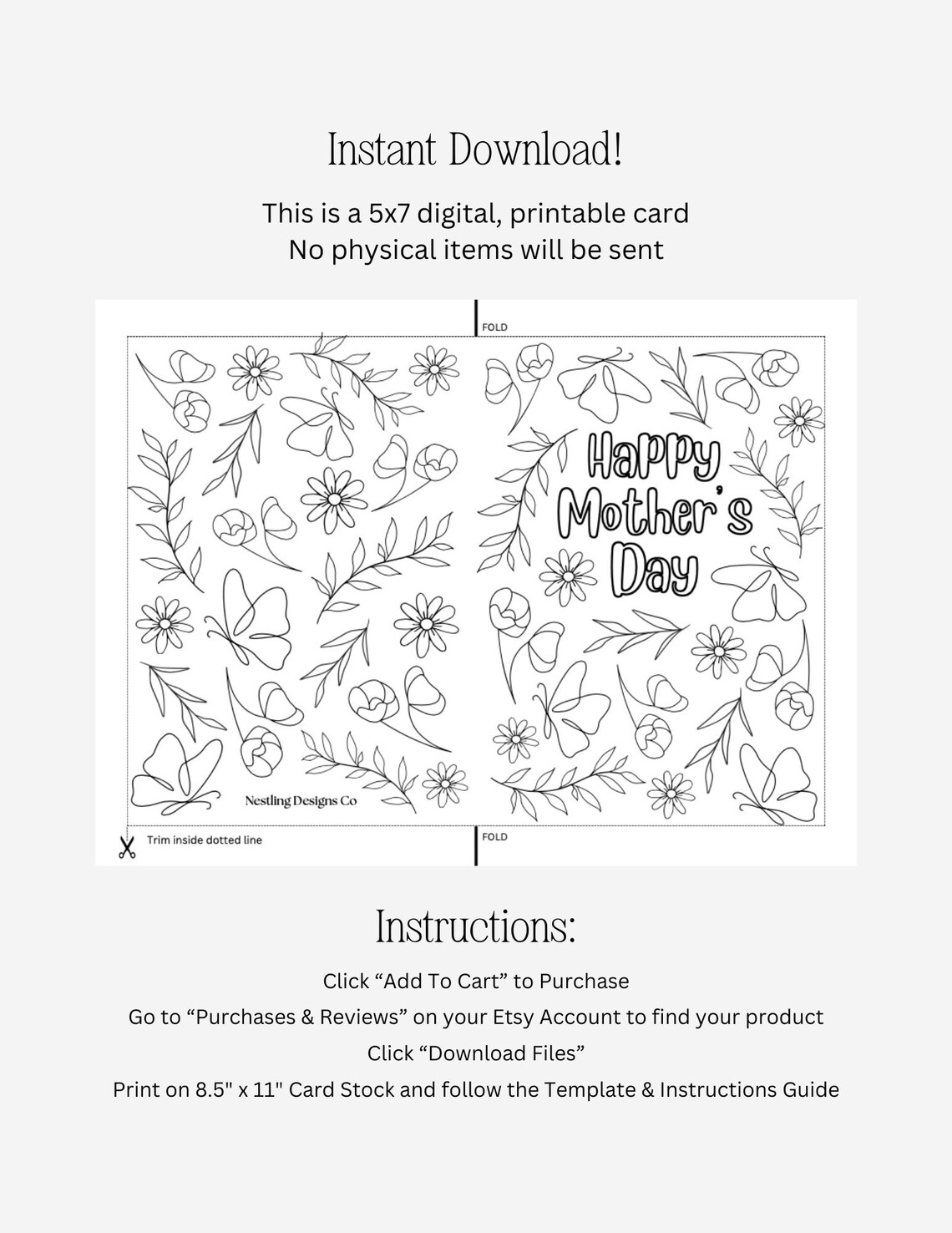 PRINTABLE Mother's Day Coloring Card | Floral Design Digital Greeting ...