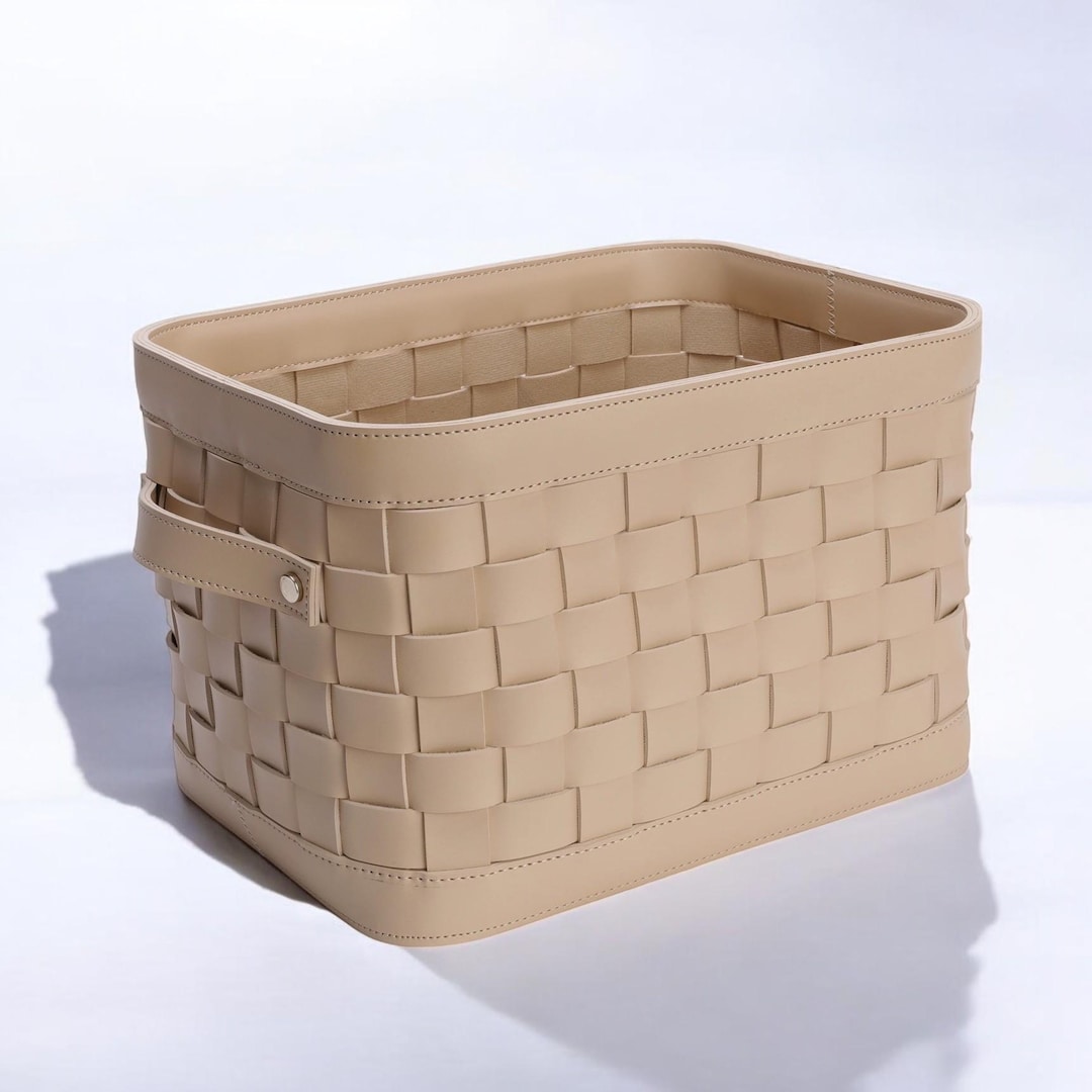 Beige Woven Leather Storage Basket Stylish Organizer Bin for Home ...