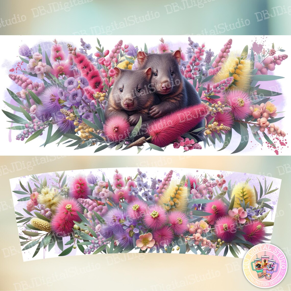 Pastel Wombats and Aussie Native Flowers - 40oz Digital PNG Sublimation ...