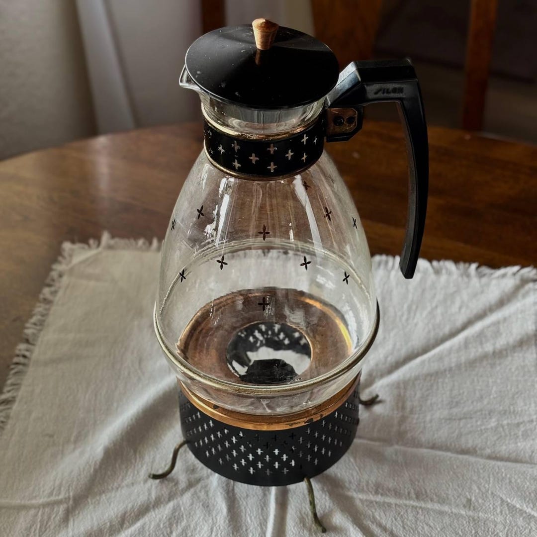 Vintage Coffee Pot With Candle Warmer, Copper Accents, Unique Retro ...