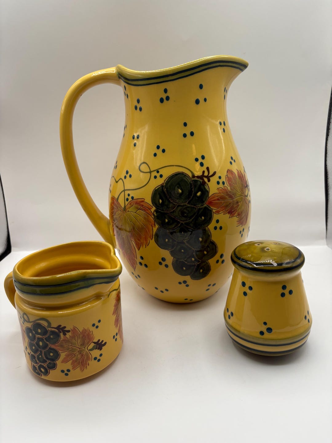 Vintage Blue Ridge Pottery Pitcher, Creamer, Shaker: Hand-painted Grape ...