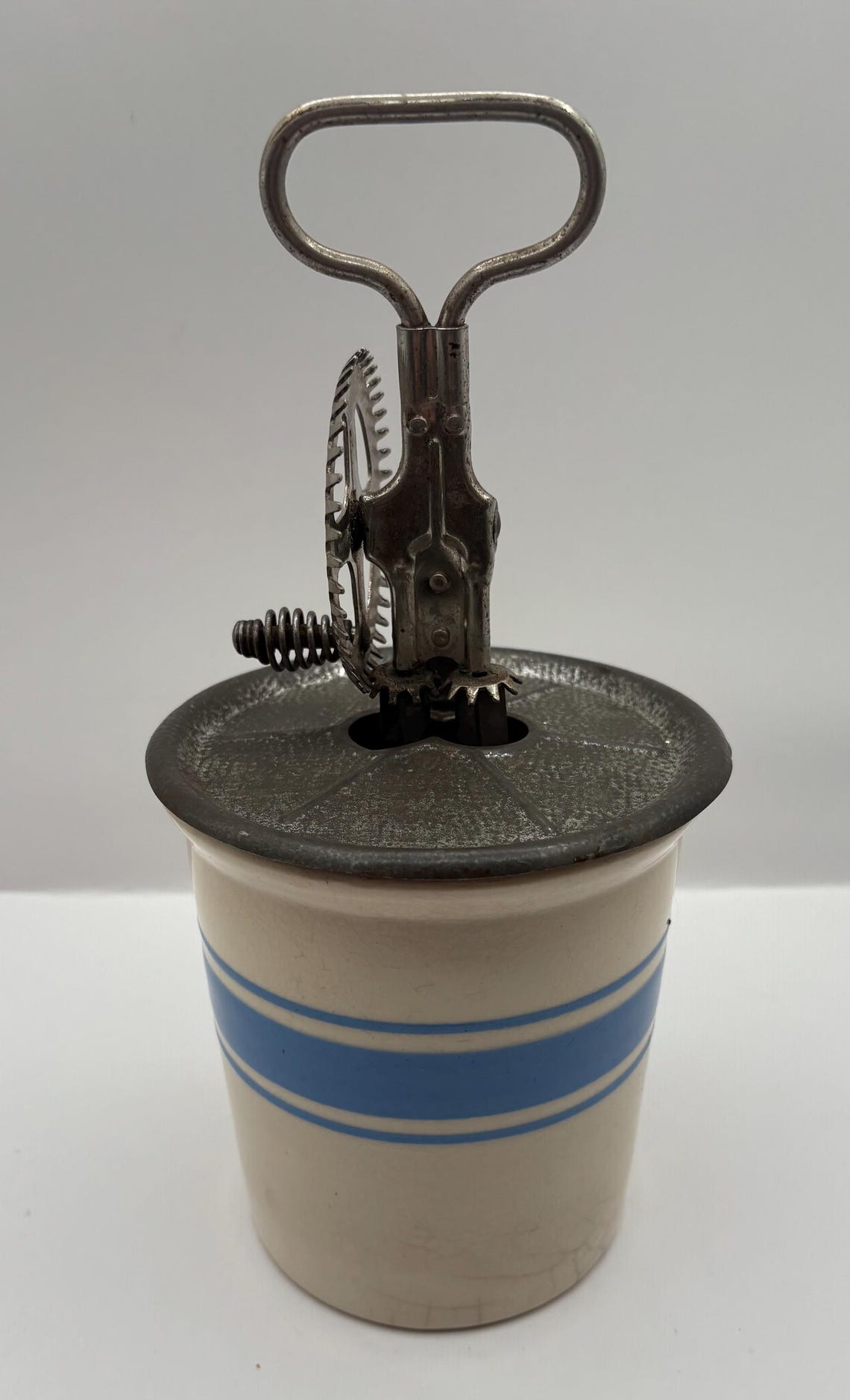 Vintage Butter Churn/ Mixer Stoneware Crock With Mixer Featuring a Blue ...