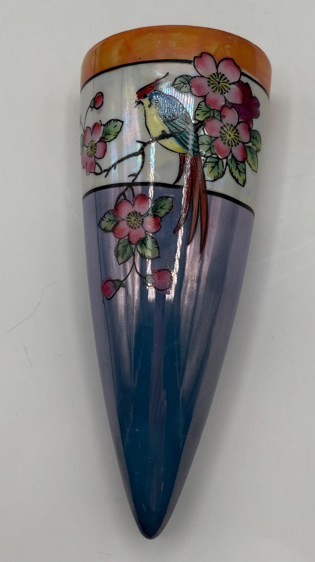 Vintage Japanese Wall Pocket Vase With Pink Flowers Blue Red Bird and ...