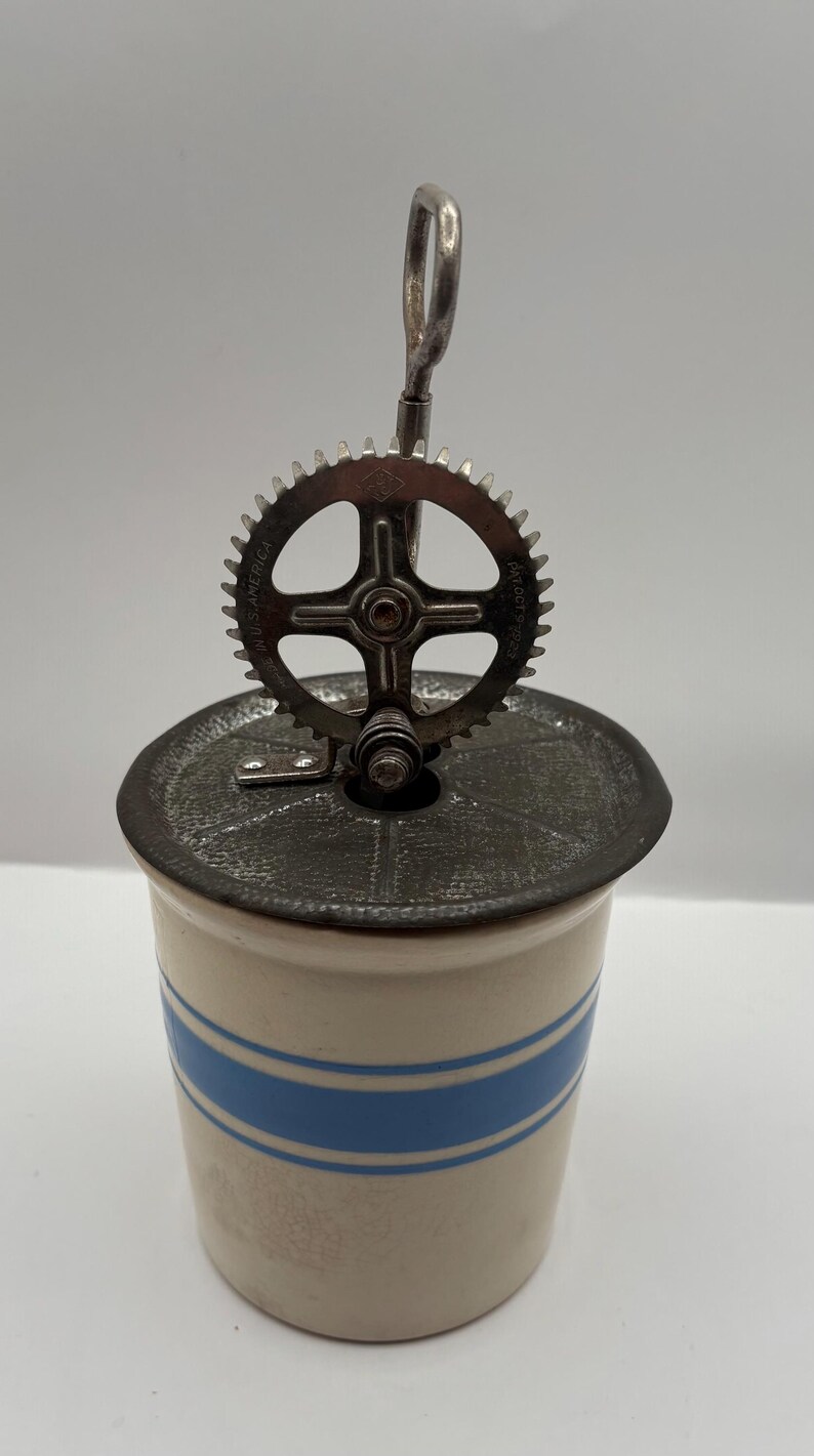 Vintage Butter Churn/ Mixer Stoneware Crock With Mixer Featuring a Blue ...