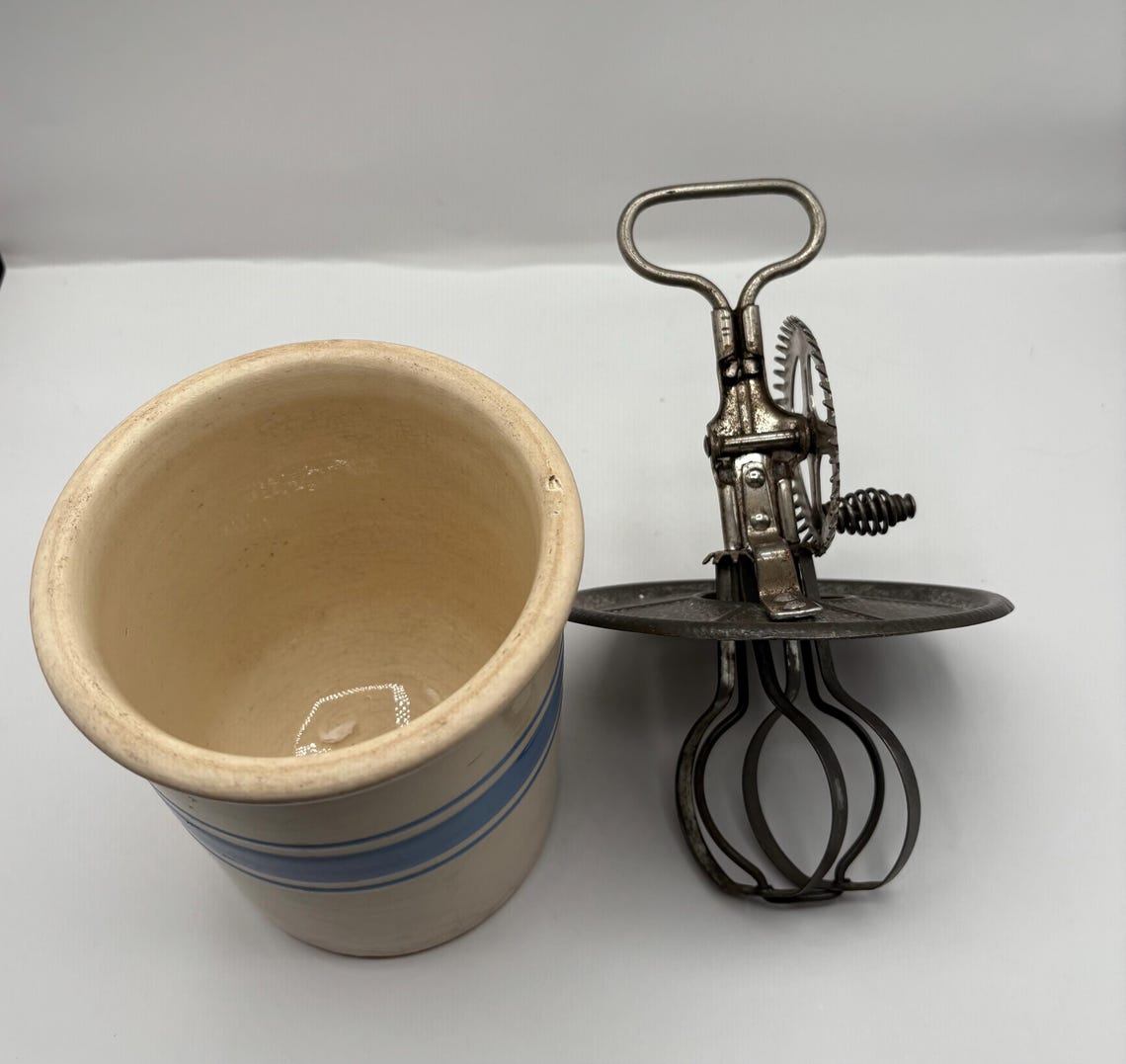 Vintage Butter Churn/ Mixer Stoneware Crock With Mixer Featuring a Blue ...