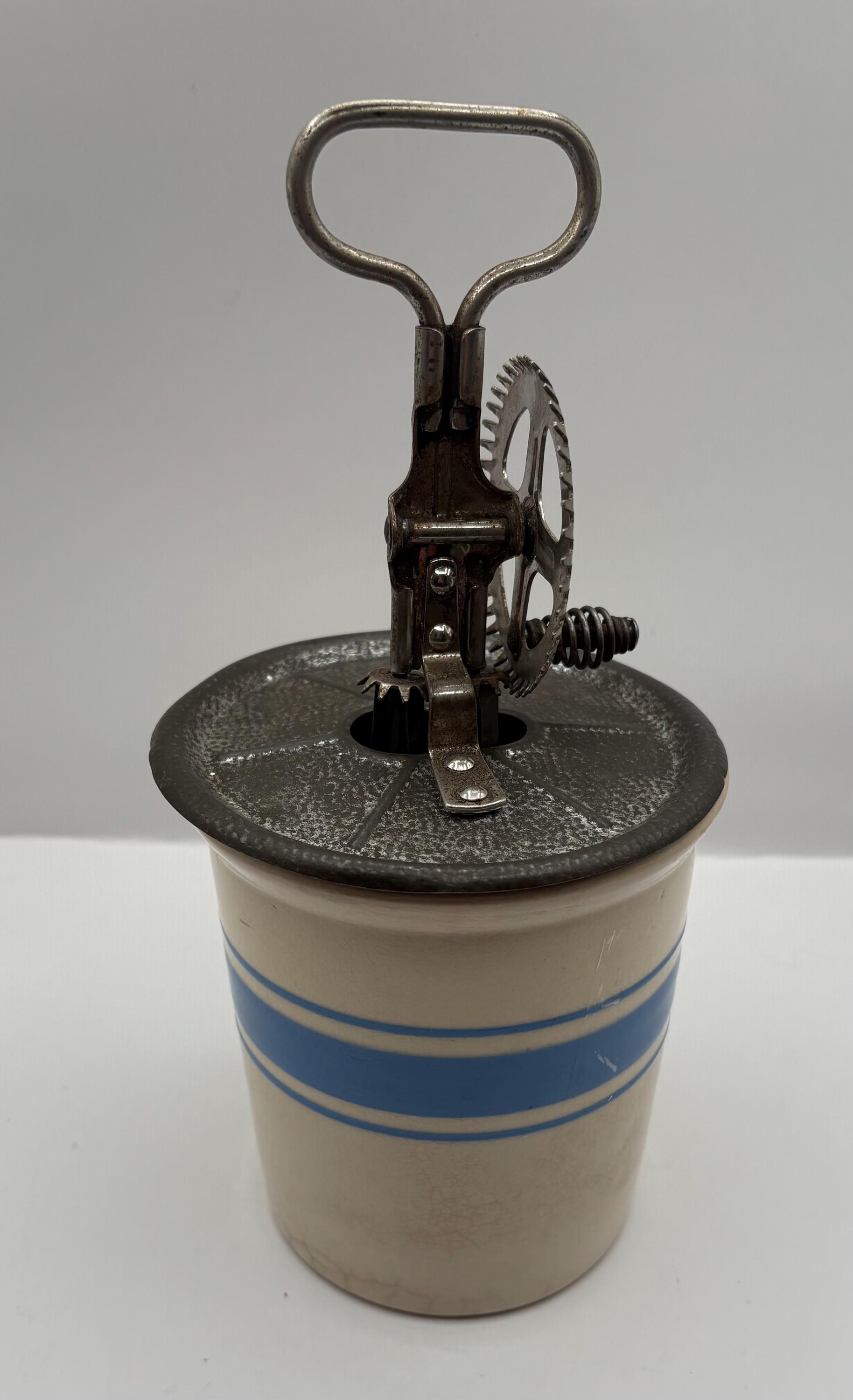 Vintage Butter Churn/ Mixer Stoneware Crock With Mixer Featuring a Blue ...